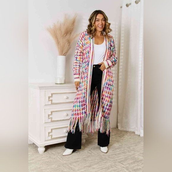 Sweaters | Retro Knit Bright Colorful Fringe Hem Longline Duster ...